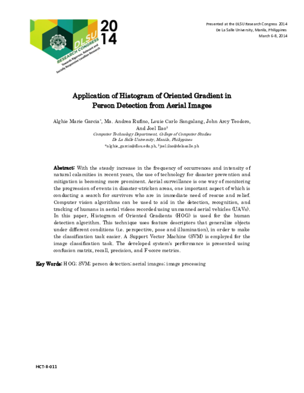 Pdf Application Of Histogram Of Oriented Gradient In Person Detection From Aerial Images