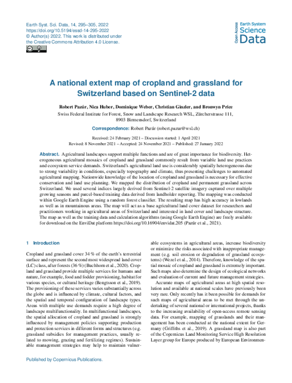 (PDF) A national extent map of cropland and grassland for Switzerland based on Sentinel-2 data