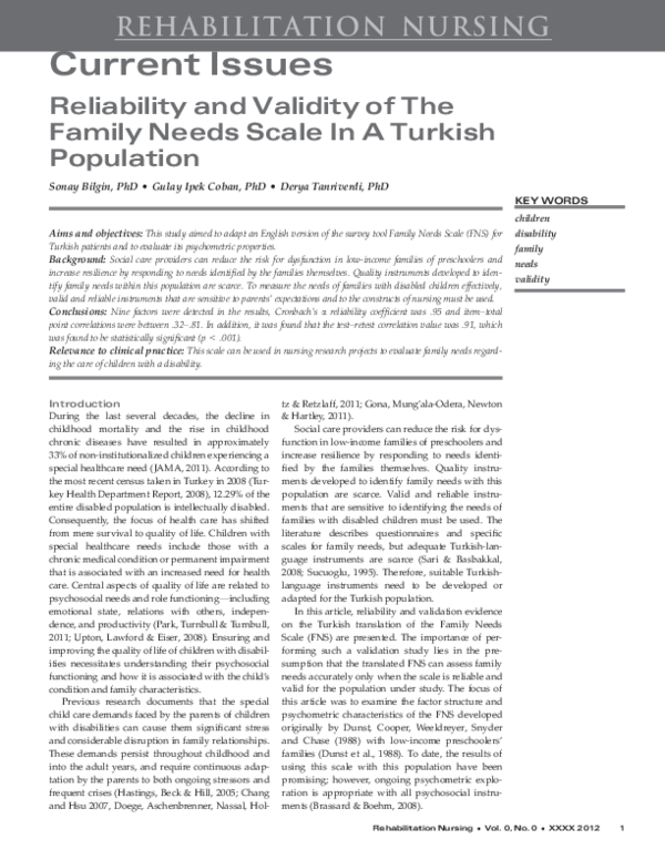 (PDF) Reliability and Validity of The Family Needs Scale In A Turkish ...