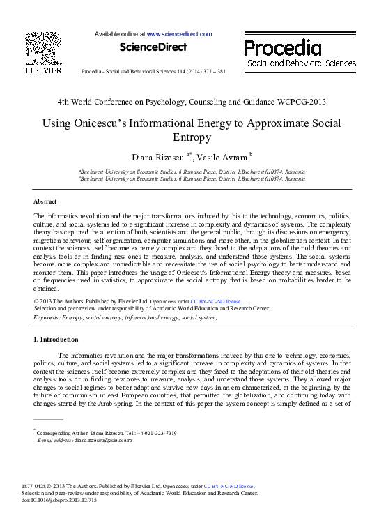 (PDF) Using Onicescu's Informational Energy to Approximate Social Entropy