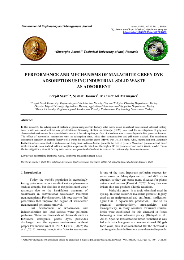 (PDF) Performance and Mechanisms of Malachite Green Dye Adsorption Using Industrial Solid Waste ...