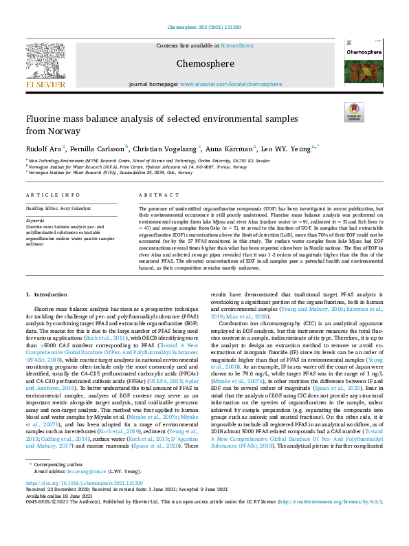 (PDF) Fluorine mass balance analysis of selected environmental samples from Norway