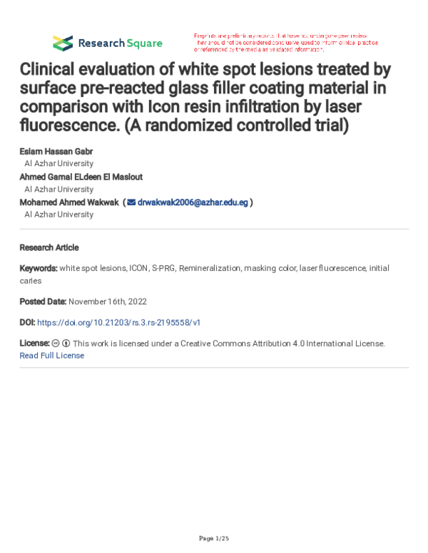 Pdf Clinical Evaluation Of White Spot Lesions Treated By Surface Pre Reacted Glass Filler