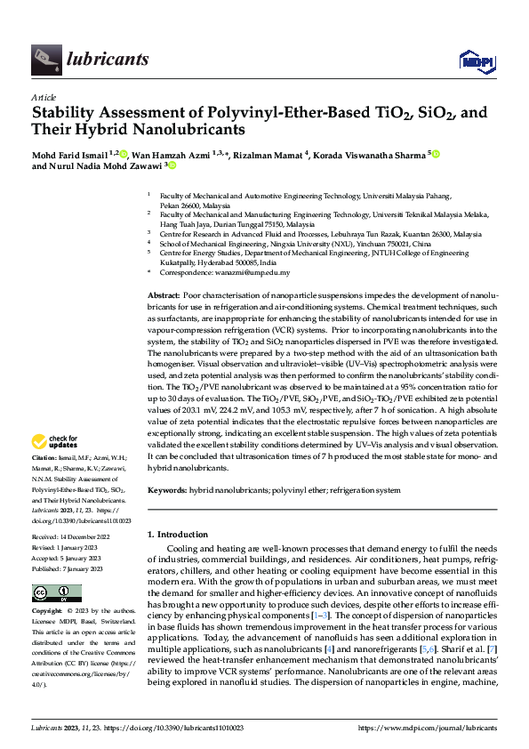 (PDF) Stability Assessment of Polyvinyl-Ether-Based TiO2, SiO2, and Their Hybrid Nanolubricants