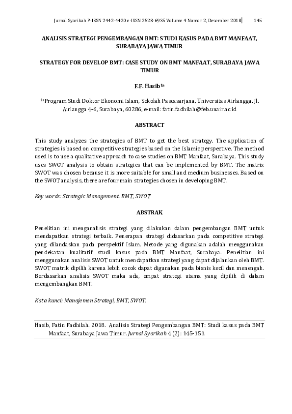 (PDF) Analisis Strategi Pengembangan BMT: Studi Kasus Pada BMT Manfaat, Surabaya Jawa Timur