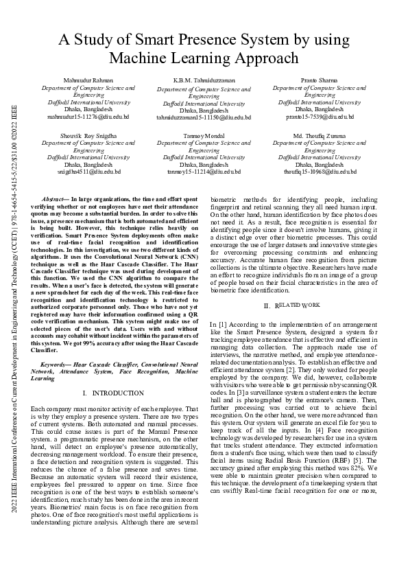 (PDF) A Study of Smart Presence System by using Machine Learning Approach