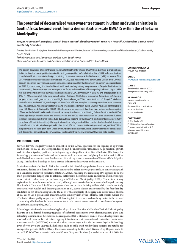 (PDF) The potential of decentralised wastewater treatment in urban and ...