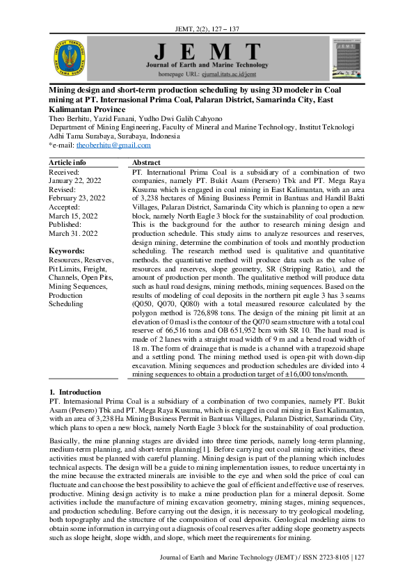 (PDF) Mining design and short-term production scheduling by using 3D modeler in Coal mining at ...