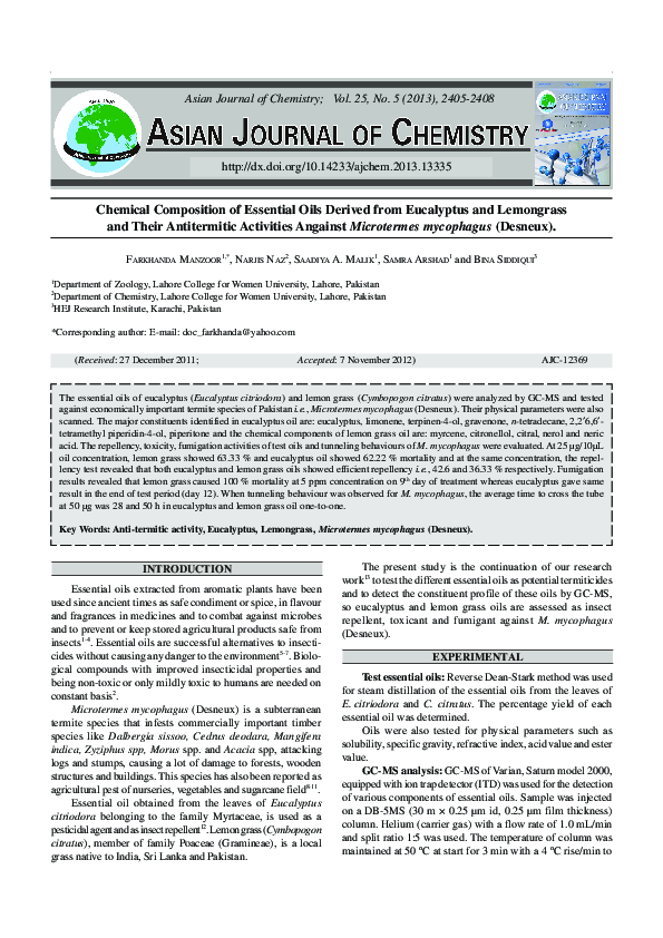(PDF) Eucalyptus and Lemongrass Oils: Chemical Composition and Termite ...