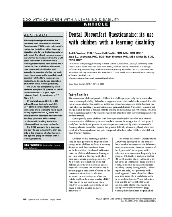 (PDF) Dental Discomfort Questionnaire: its use with children with a ...