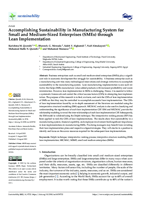(PDF) Accomplishing Sustainability in Manufacturing System for Small and Medium-Sized ...