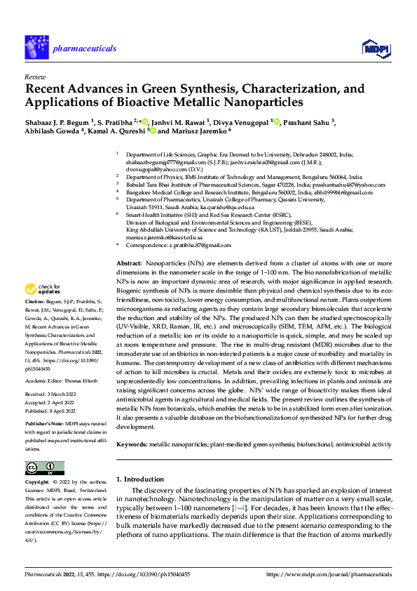 (PDF) Recent Advances in Green Synthesis, Characterization, and Applications of Bioactive ...