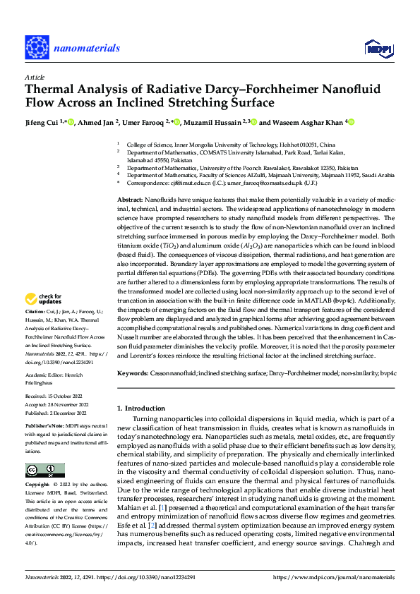 (PDF) Thermal Analysis of Radiative Darcy–Forchheimer Nanofluid Flow ...