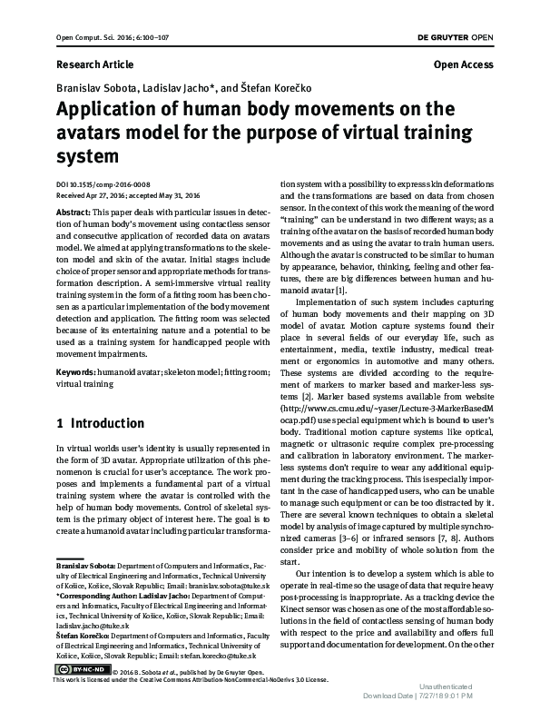 (PDF) Application of human body movements on the avatars model for the ...