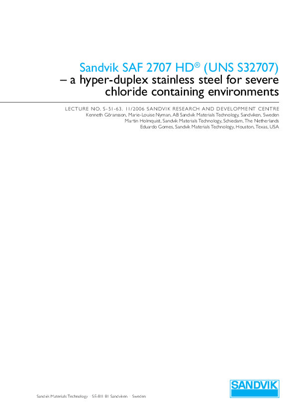 (PDF) Sandvik SAF 2707 HD ® (UNS S32707): a hyper-duplex stainless steel for severe chloride ...