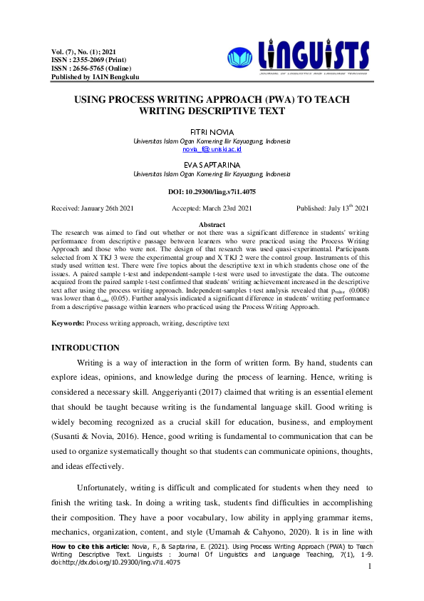 (PDF) Using Process Writing Approach (PWA) to Teach Writing Descriptive ...