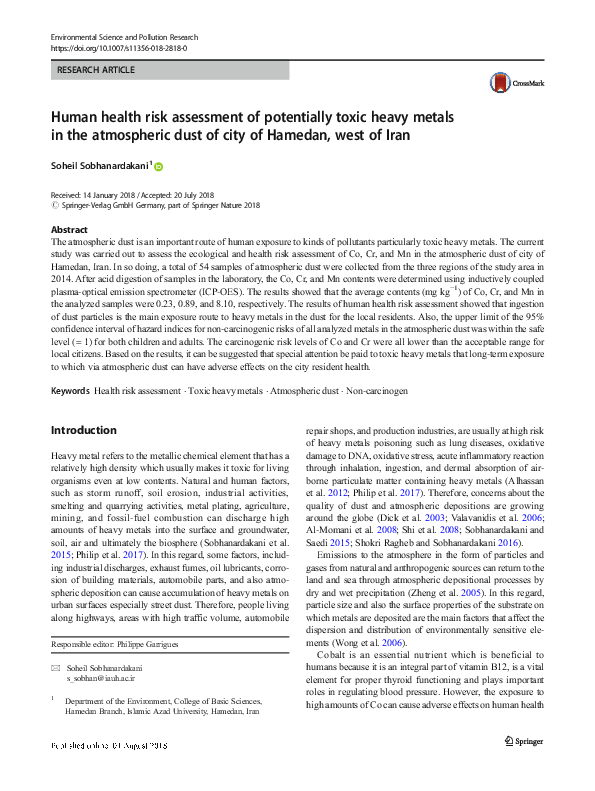 (PDF) Human health risk assessment of potentially toxic heavy metals in the atmospheric dust of ...