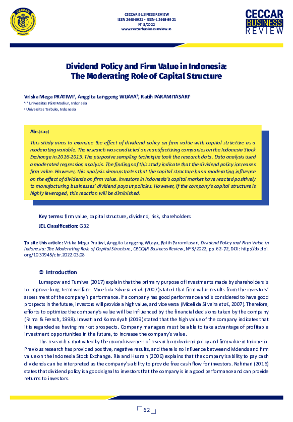 (PDF) Dividend Policy and Firm Value in Indonesia: The Moderating Role of Capital Structure
