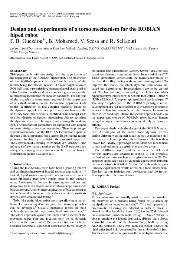 (PDF) Design and experiments of a torso mechanism for the ROBIAN biped ...
