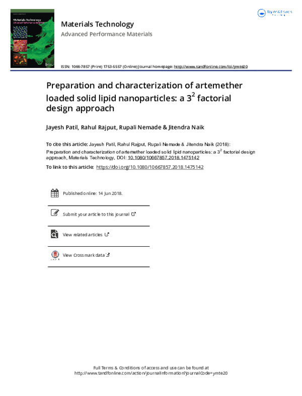 (PDF) Preparation and characterization of artemether loaded solid lipid nanoparticles: a 32 ...