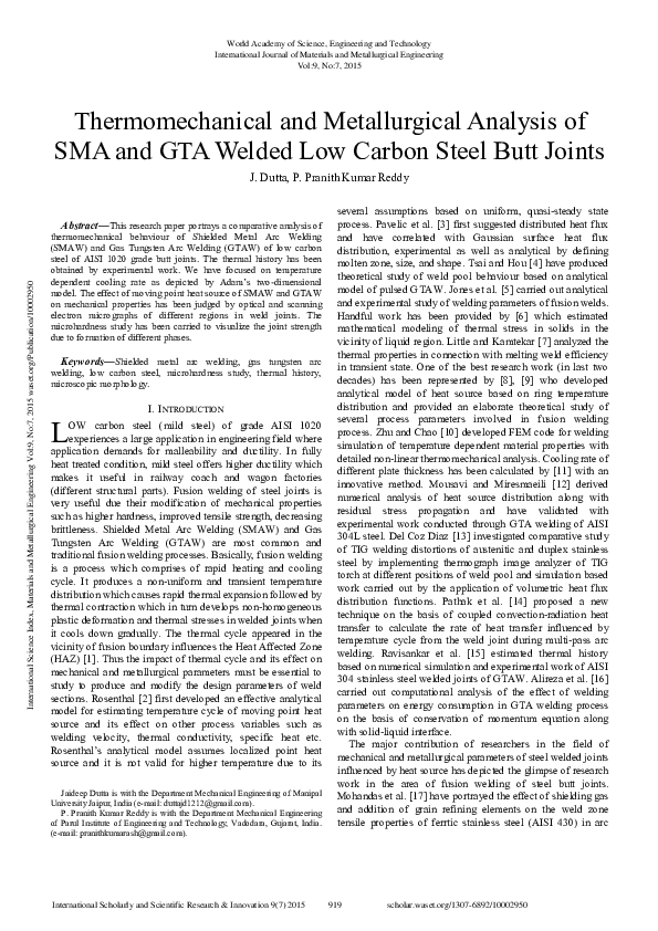 (PDF) Thermomechanical And Metallurgical Analysis Of Sma And Gta Welded ...