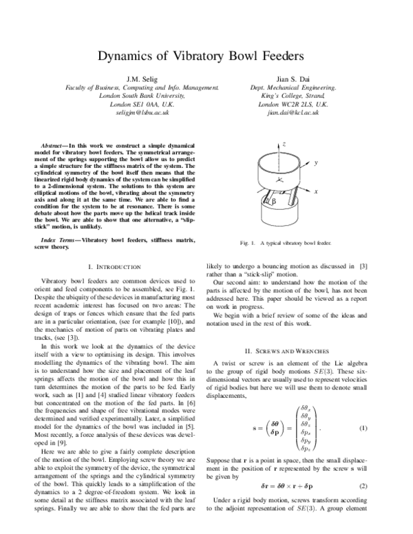 (PDF) Dynamics of vibratory bowl feeders
