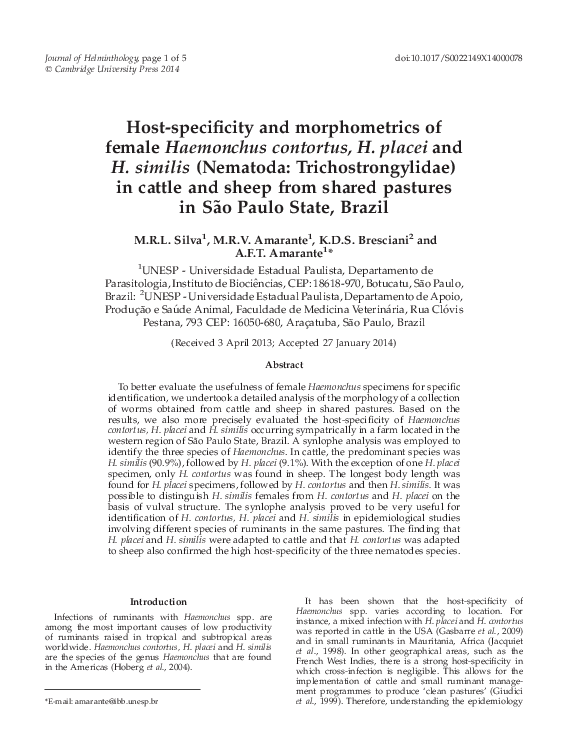 (PDF) Host-specificity and morphometrics of female Haemonchus contortus ...