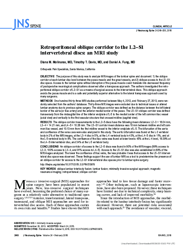 (PDF) Retroperitoneal Oblique Corridor to the L2-S1 Intervertebral ...