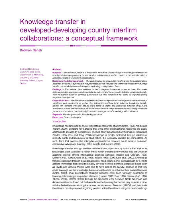 (PDF) Knowledge transfer in developed‐developing country interfirm collaborations: a conceptual ...