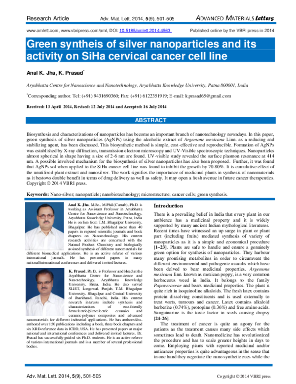 (PDF) Green Syntheis Of Silver Nanoparticles And Its Activity On SiHa ...
