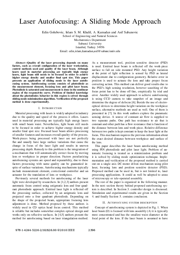 (PDF) Laser autofocusing: A sliding mode approach (PDF) Laser autofocusing: A sliding mode approach