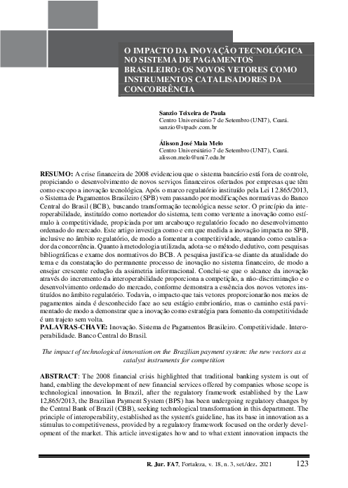(PDF) The impact of technological innovation on the Brazilian payment system: the new vectors as ...
