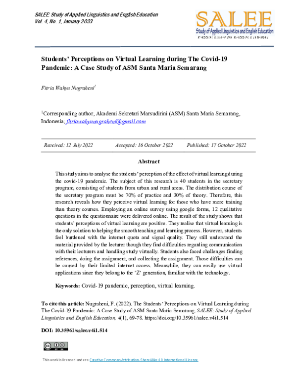 (PDF) The Students’ Perceptions on Virtual Learning during The Covid-19 Pandemic: A Case Study ...