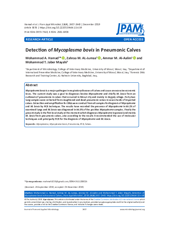 (PDF) Detection of Mycoplasma bovis in Pneumonic Calves