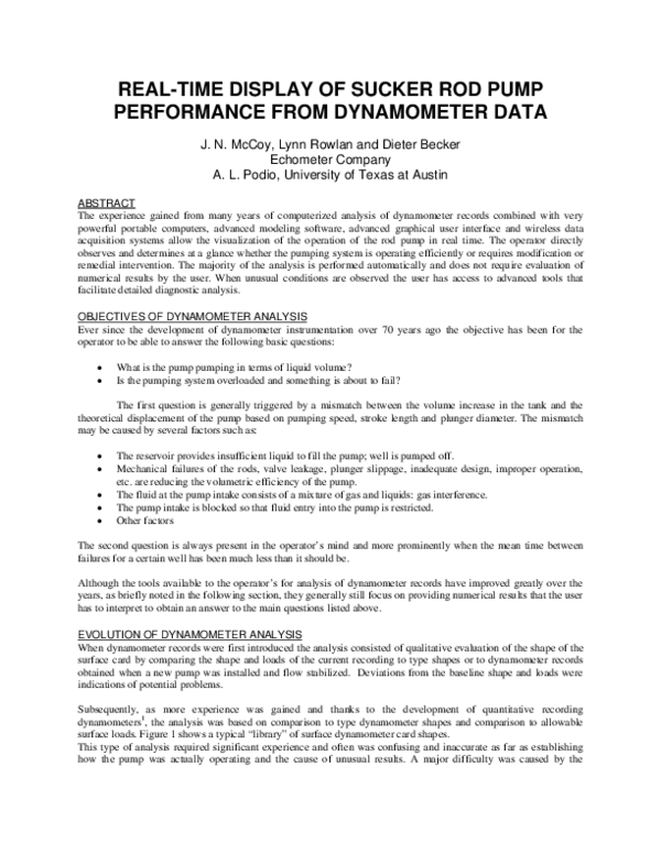 (PDF) Real-Time Display of Sucker Rod Pump Performance from Dynamometer Data