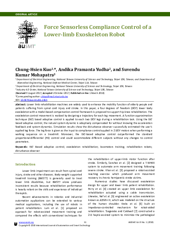 Pdf Force Sensorless Compliance Control Of A Lower Limb Exoskeleton Robot