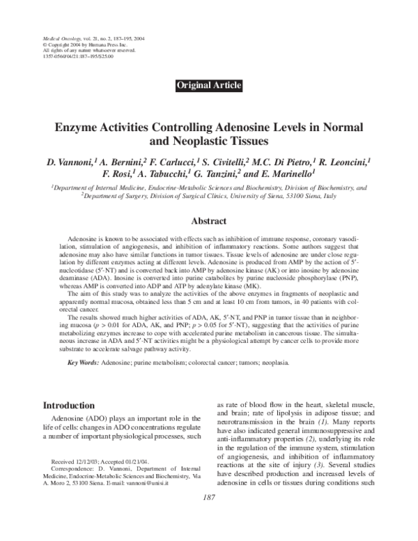 (PDF) Enzyme Activities Controlling Adenosine Levels in Normal and ...