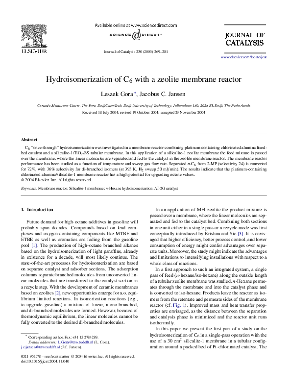 (PDF) Hydroisomerization of C with a zeolite membrane reactor | Leszek ...