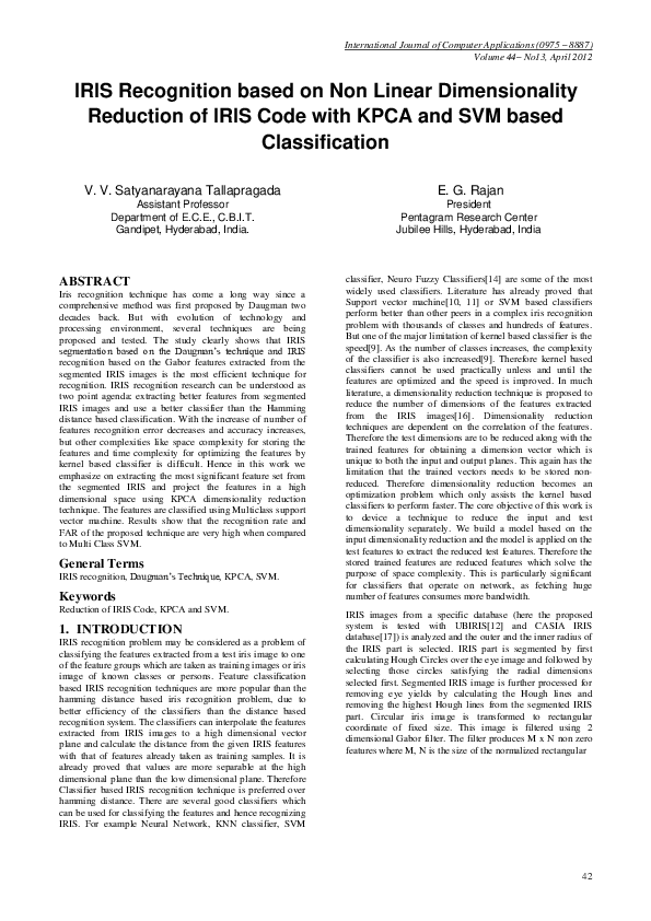 (PDF) IRIS Recognition based on Non Linear Dimensionality Reduction of IRIS Code with KPCA and ...