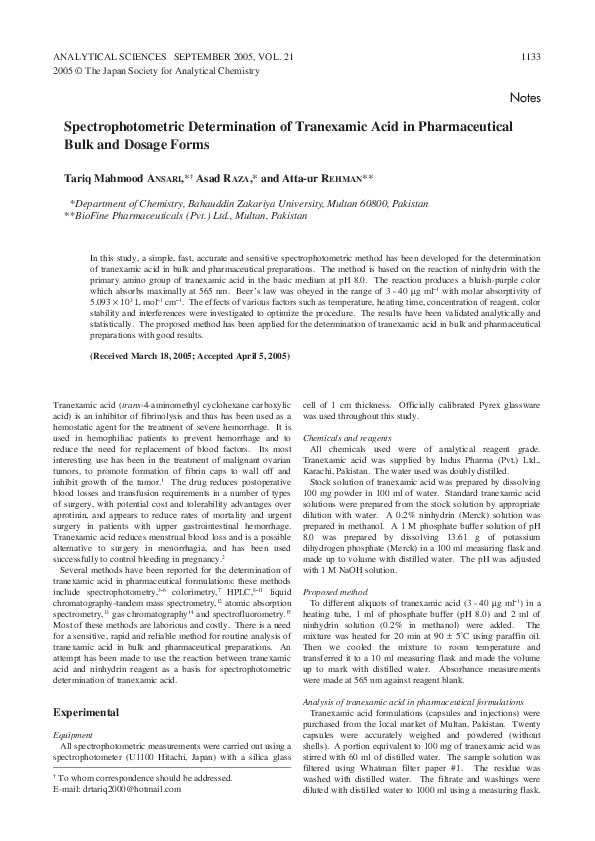 (PDF) Spectrophotometric Determination of Tranexamic Acid in ...