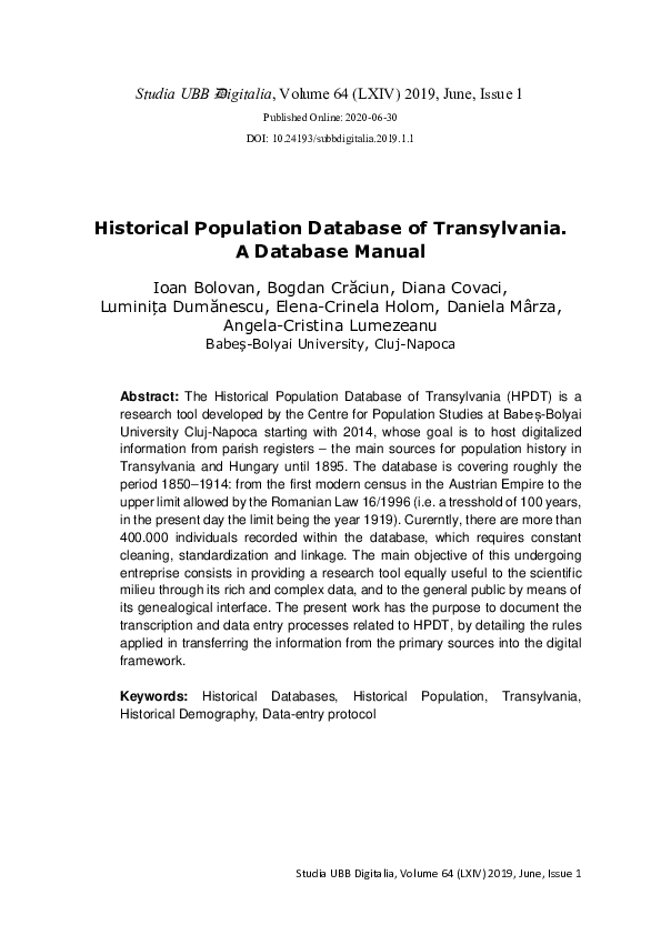 (PDF) Historical Population Database of Transylvania. A Database Manual ...