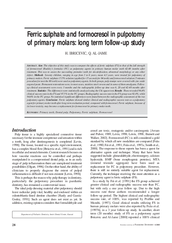 (PDF) Ferric sulphate and formocresol in pulpotomy of primary molars ...