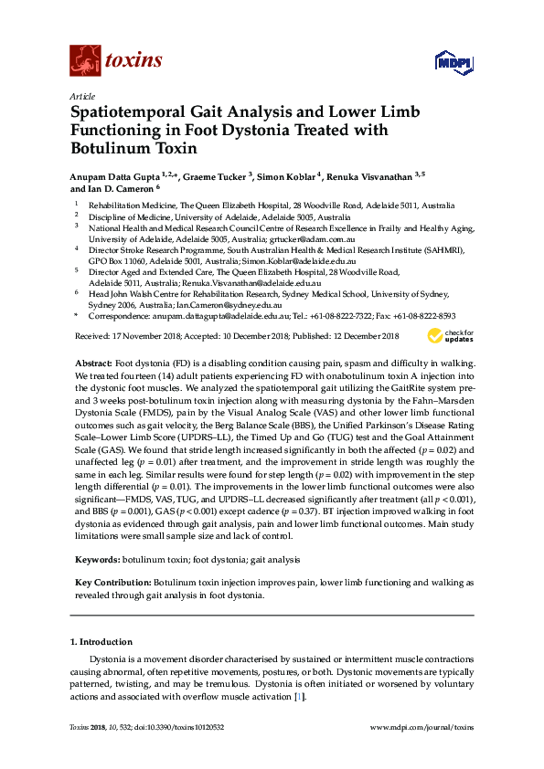 Pdf Spatiotemporal Gait Analysis And Lower Limb Functioning In Foot Dystonia Treated With