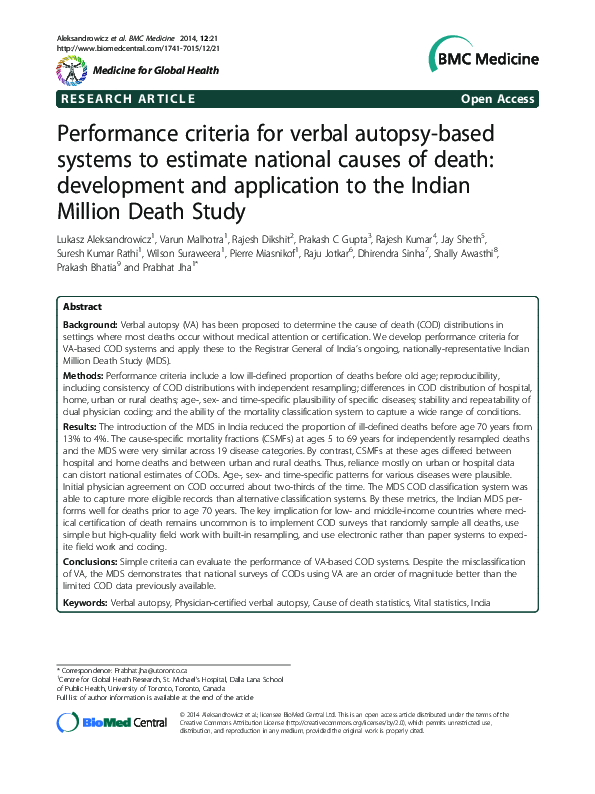 Performance Criteria For Verbal Autopsy Based Systems To Estimate