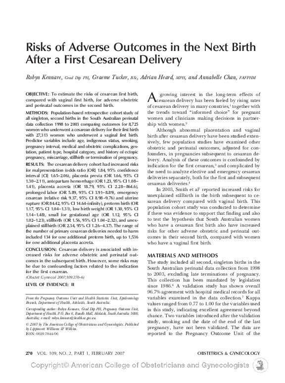 (PDF) Risks of Adverse Outcomes in the Next Birth After a First ...