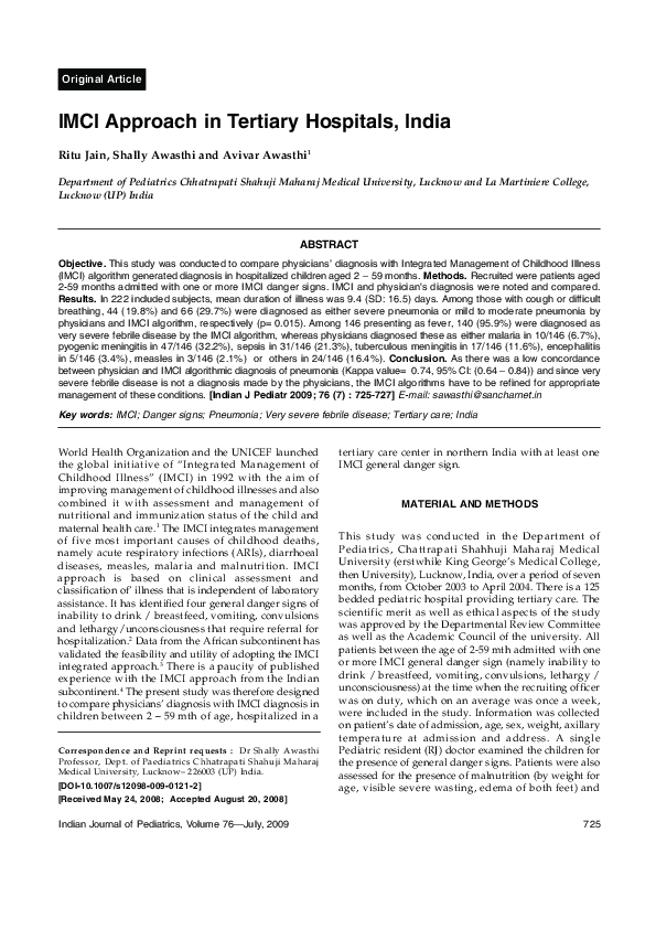 (PDF) IMCI approach in tertiary hospitals, India