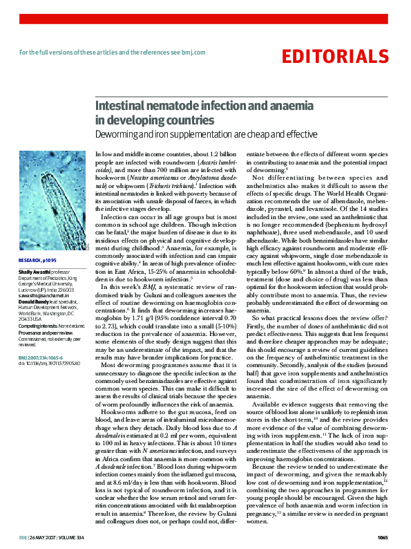 (PDF) Intestinal nematode infection and anaemia in developing countries