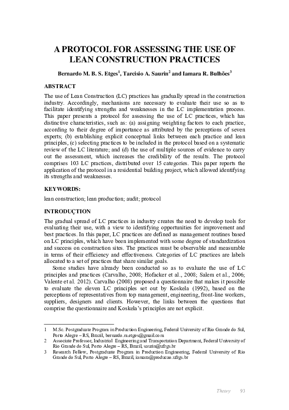 Pdf A Protocol For Assessing The Use Of Lean Construction Practices