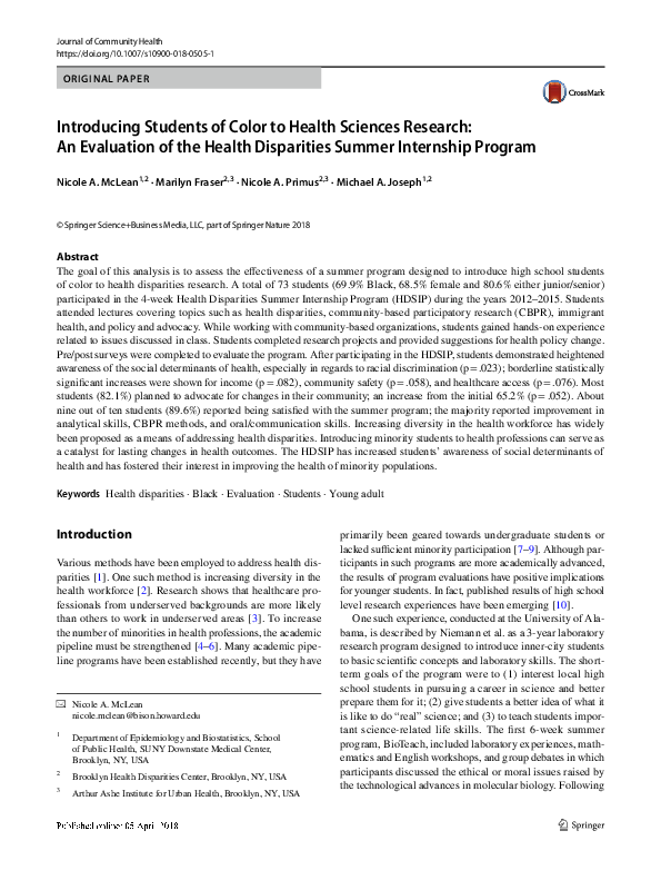 (PDF) Introducing Students of Color to Health Sciences Research: An ...