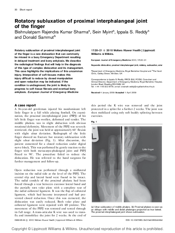 (PDF) Rotatory subluxation of proximal interphalangeal joint of the finger